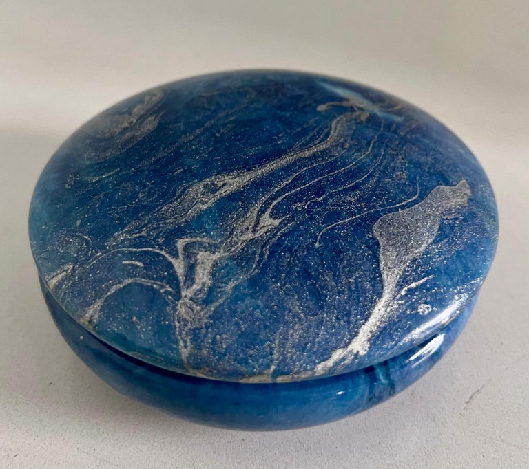 Blue Alabaster Box with Sliding Attached Round Lid For Sale at 1stDibs