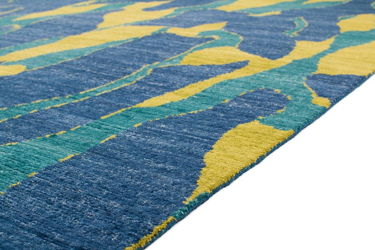 Blue and Chartreuse Camouflage Print Area Rug by Carini For Sale at 1stDibs