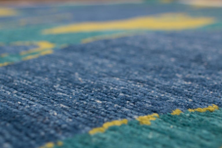 Blue and Chartreuse Camouflage Print Area Rug by Carini For Sale at 1stDibs