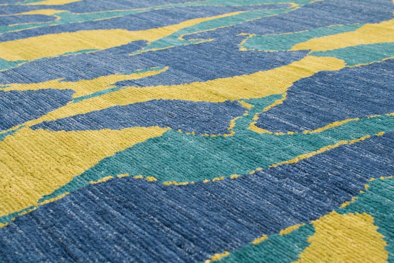 Blue and Chartreuse Camouflage Print Area Rug by Carini For Sale at 1stDibs