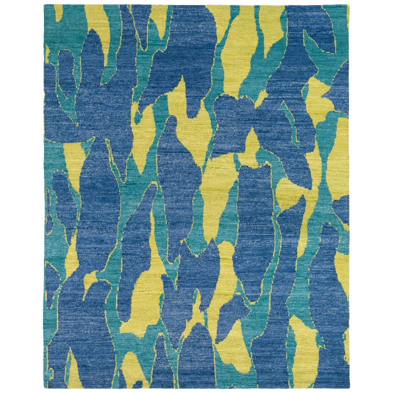 Blue and Chartreuse Camouflage Print Area Rug by Carini For Sale at 1stDibs