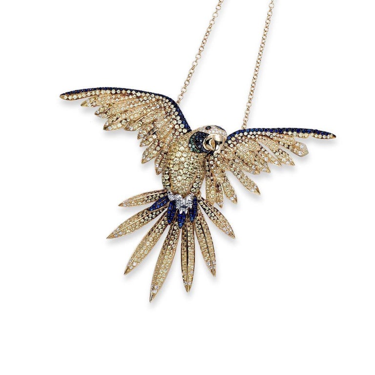 Blue-and-gold Macaw Parrot Necklace with Green Diamonds and Blue ...