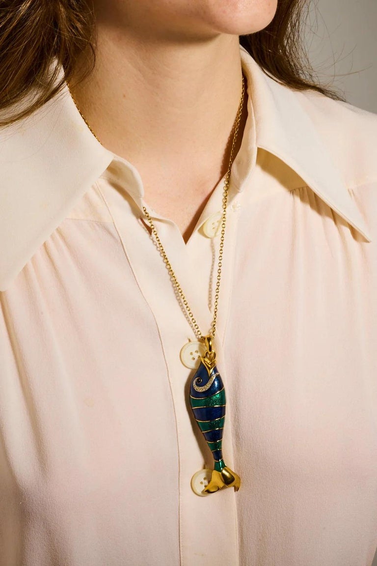 Blue and Green Enamel Fish Pendant Necklace For Sale at 1stDibs