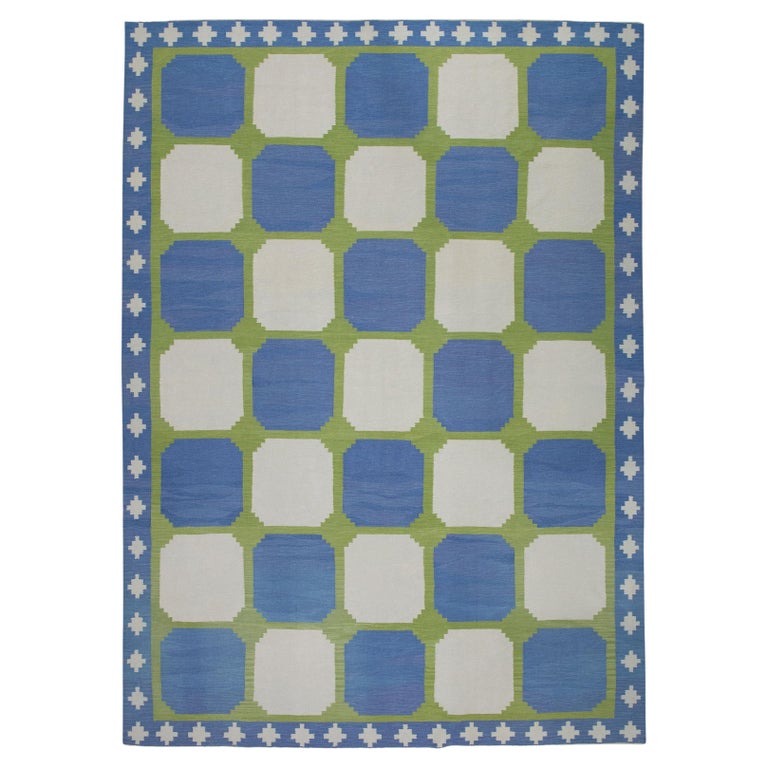 Blue and Green Geometric Design Modern Flatweave Handmade Wool Rug For ...