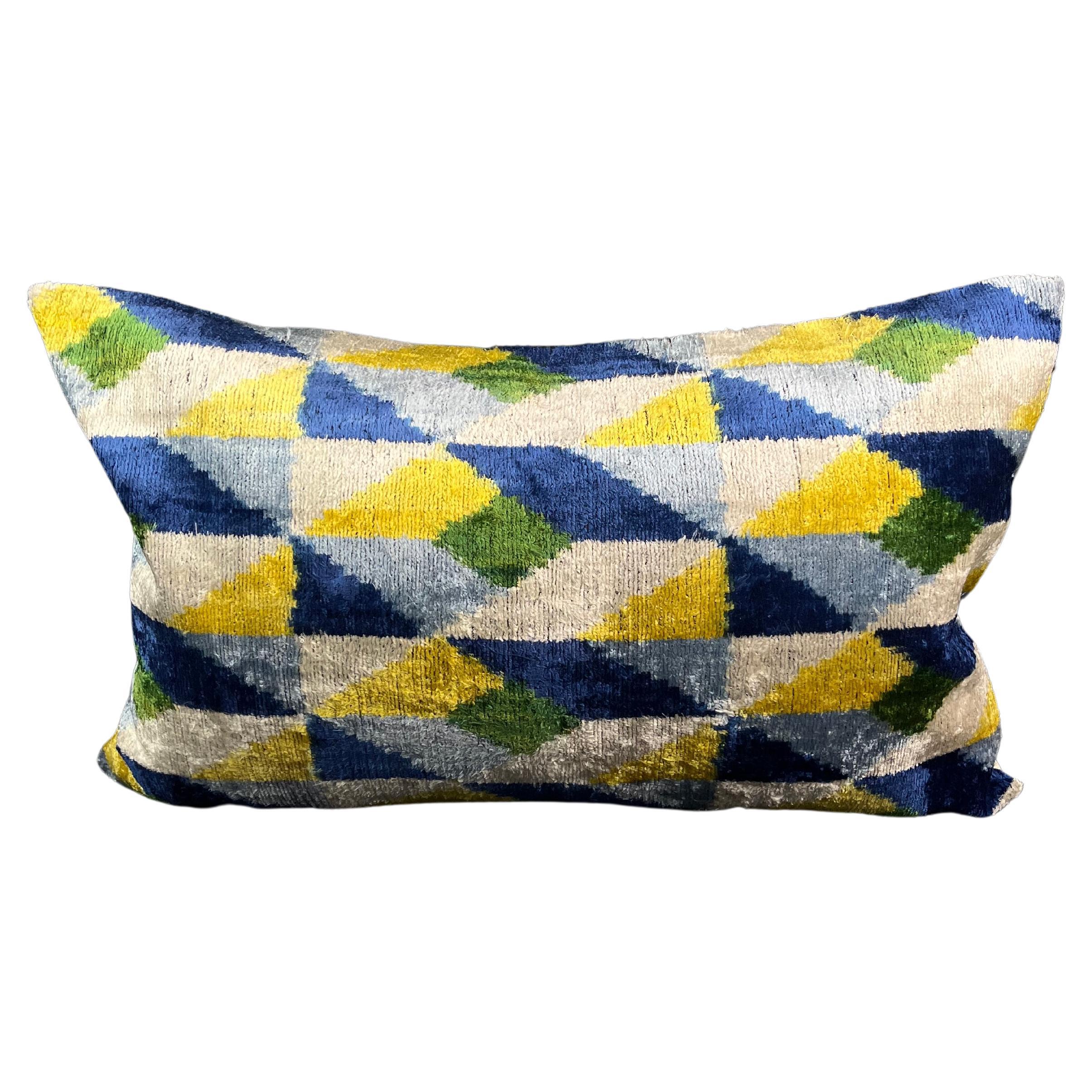 Blue and Green Geometric Velvet Silk Ikat Pillow Cover For Sale at 1stDibs