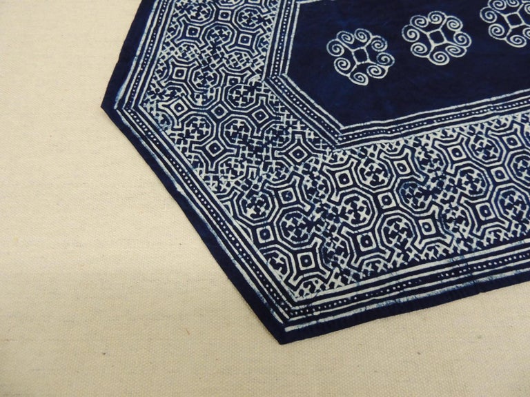 Blue and Natural Handblocked Ikat Vintage Table Runner For Sale at 1stDibs