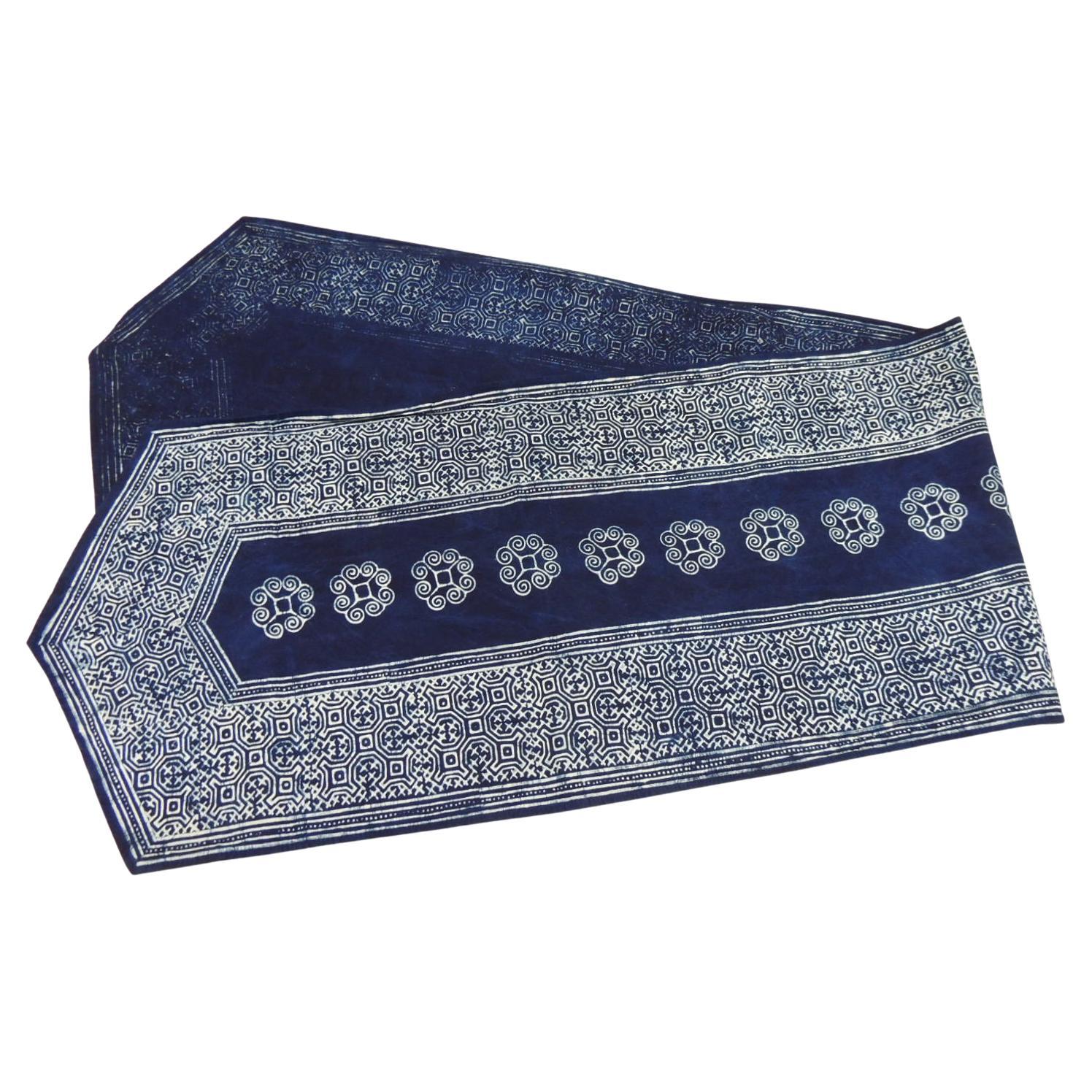 Blue and Natural Handblocked Ikat Vintage Table Runner For Sale at 1stDibs