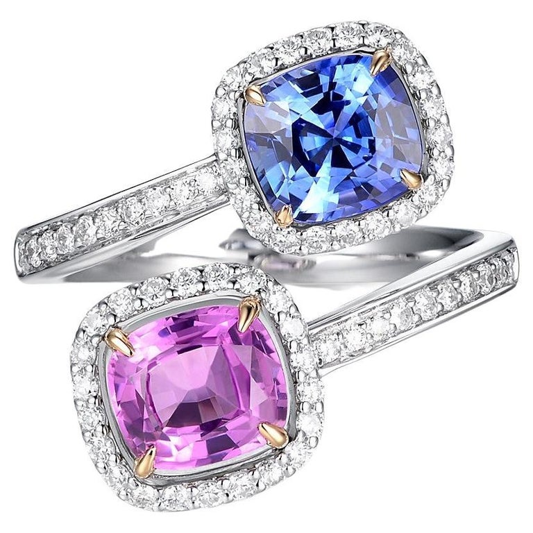 Blue and Pink Sapphire Diamond Toi Et Moi Ring in 18 Karat Yellow and ...