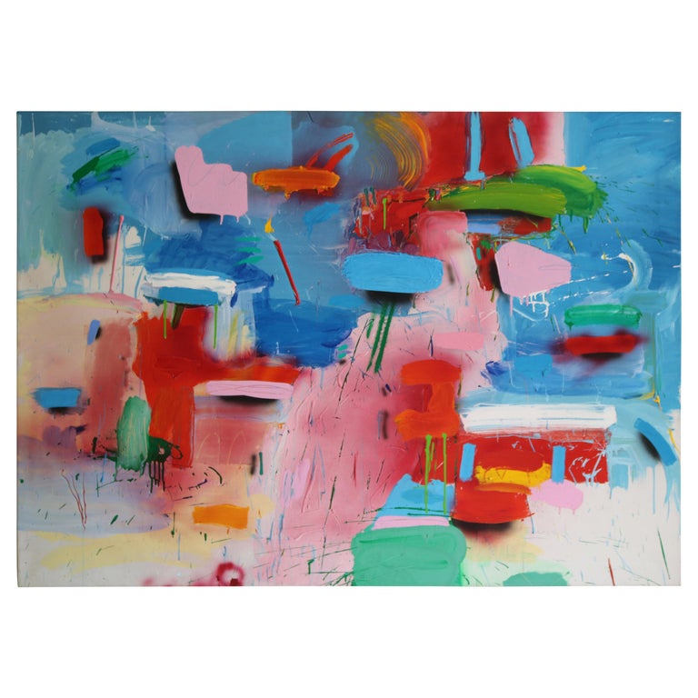 Blue and White Abstract with Multicolored Brushstrokes by Thomas ...
