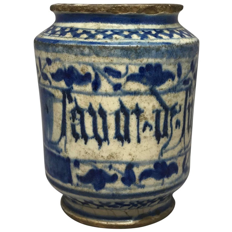 Blue and White Albarello Vase For Sale at 1stDibs