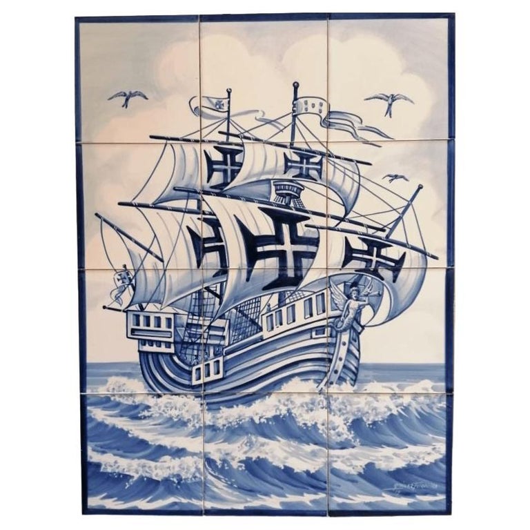 Blue and White Ship Tile Mural in Pure Clay and Fine Ceramic For Sale ...