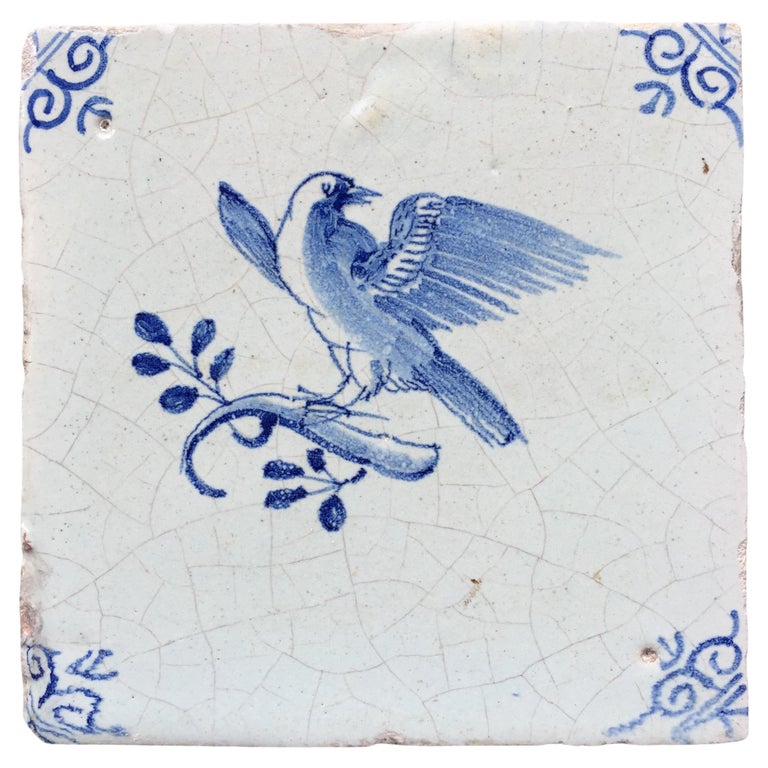 Blue and White Dutch Delft Tile with Bird, Mid 17th Century at 1stDibs