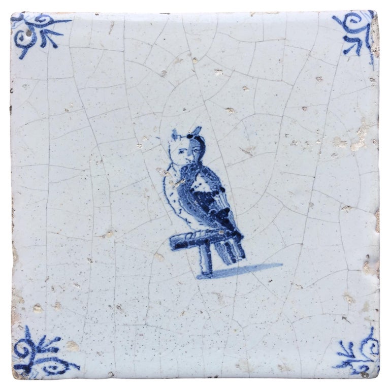 Blue and White Dutch Delft Tile with Owl, Mid 17th Century at 1stDibs