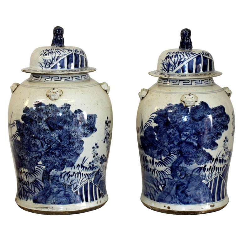 Blue and White Ginger Jars, a Pair at 1stDibs