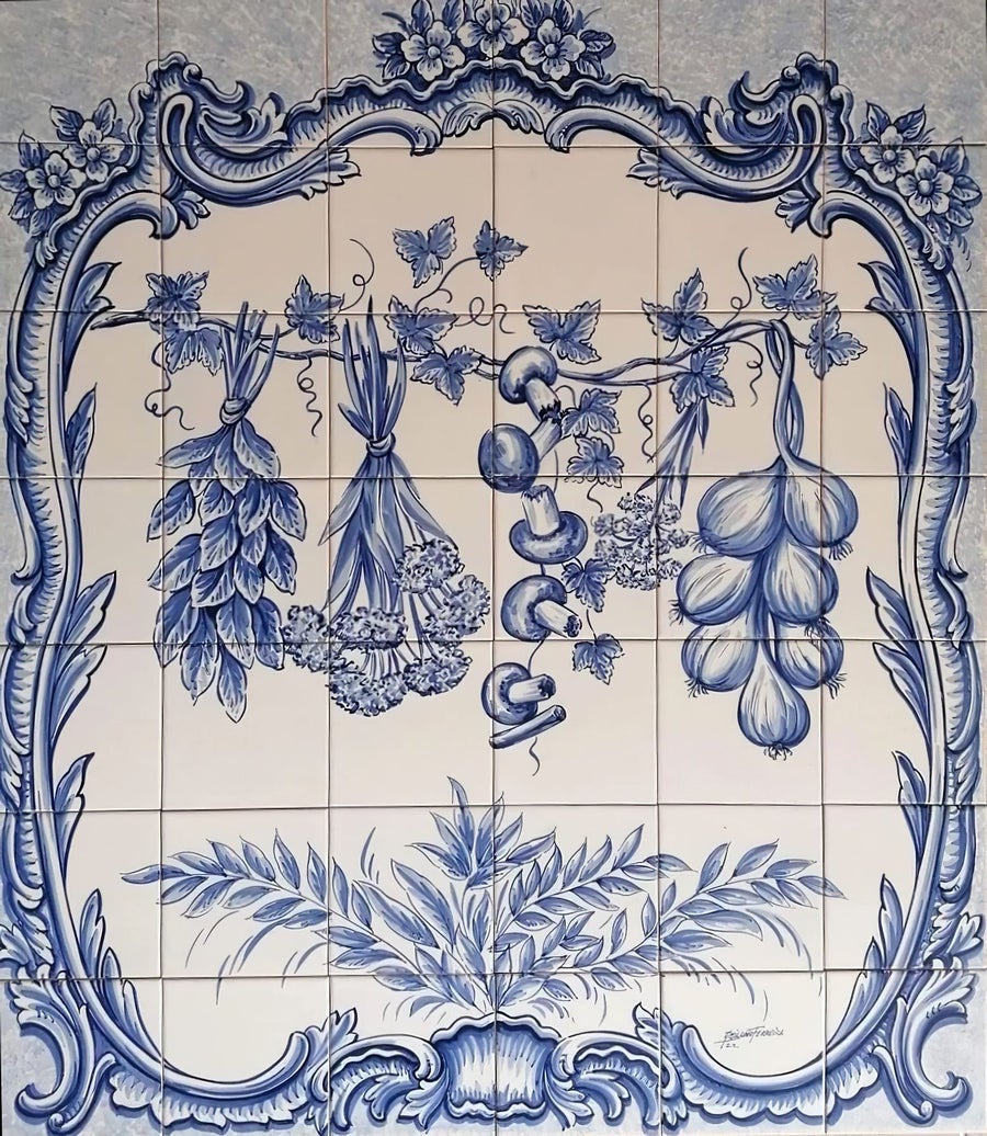 Portuguese Azulejos Hand Painted Tiles "Hanging Vegetables" Signed by ...