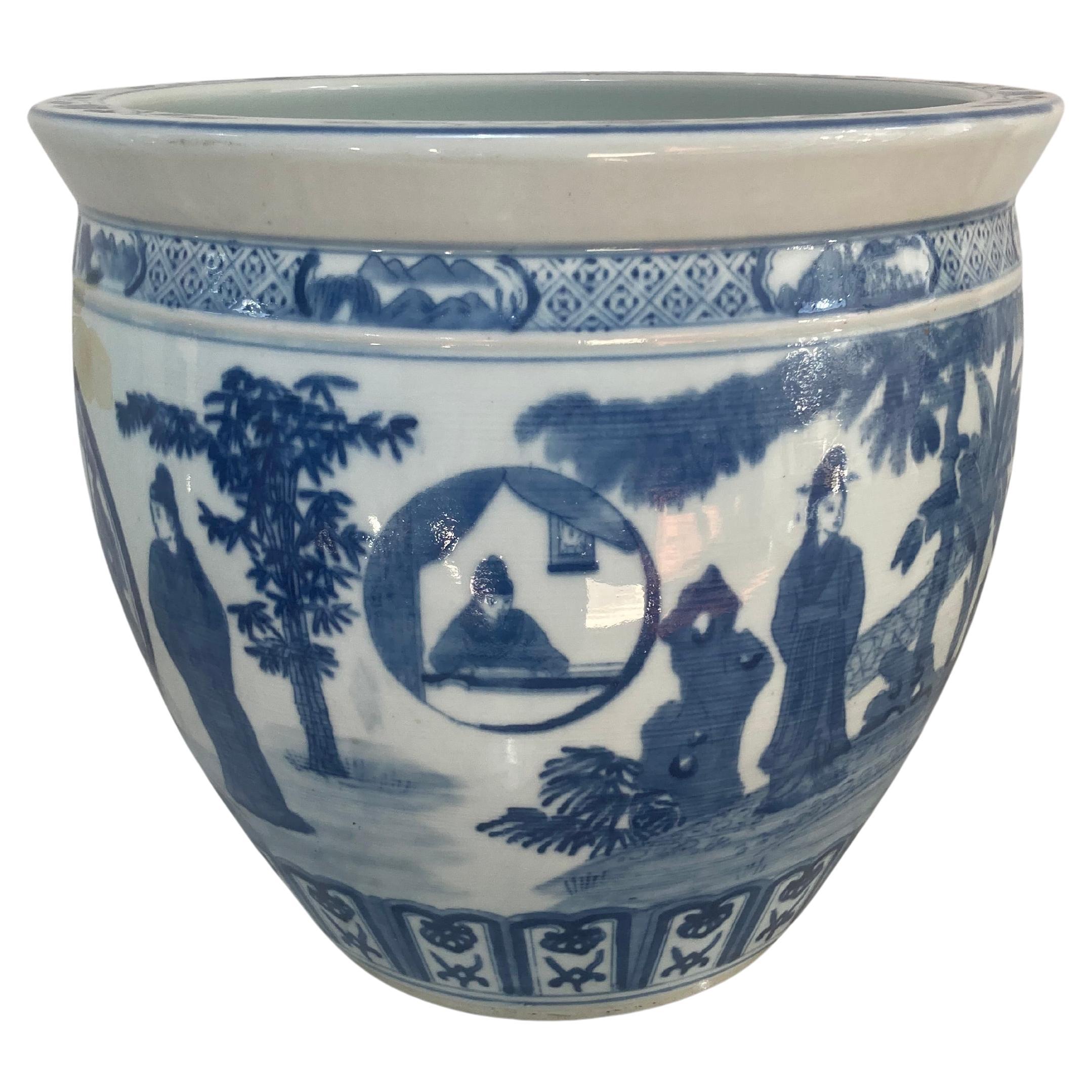 Chinese Blue and White Decorated Porcelain Fish Bowl For Sale at 1stDibs