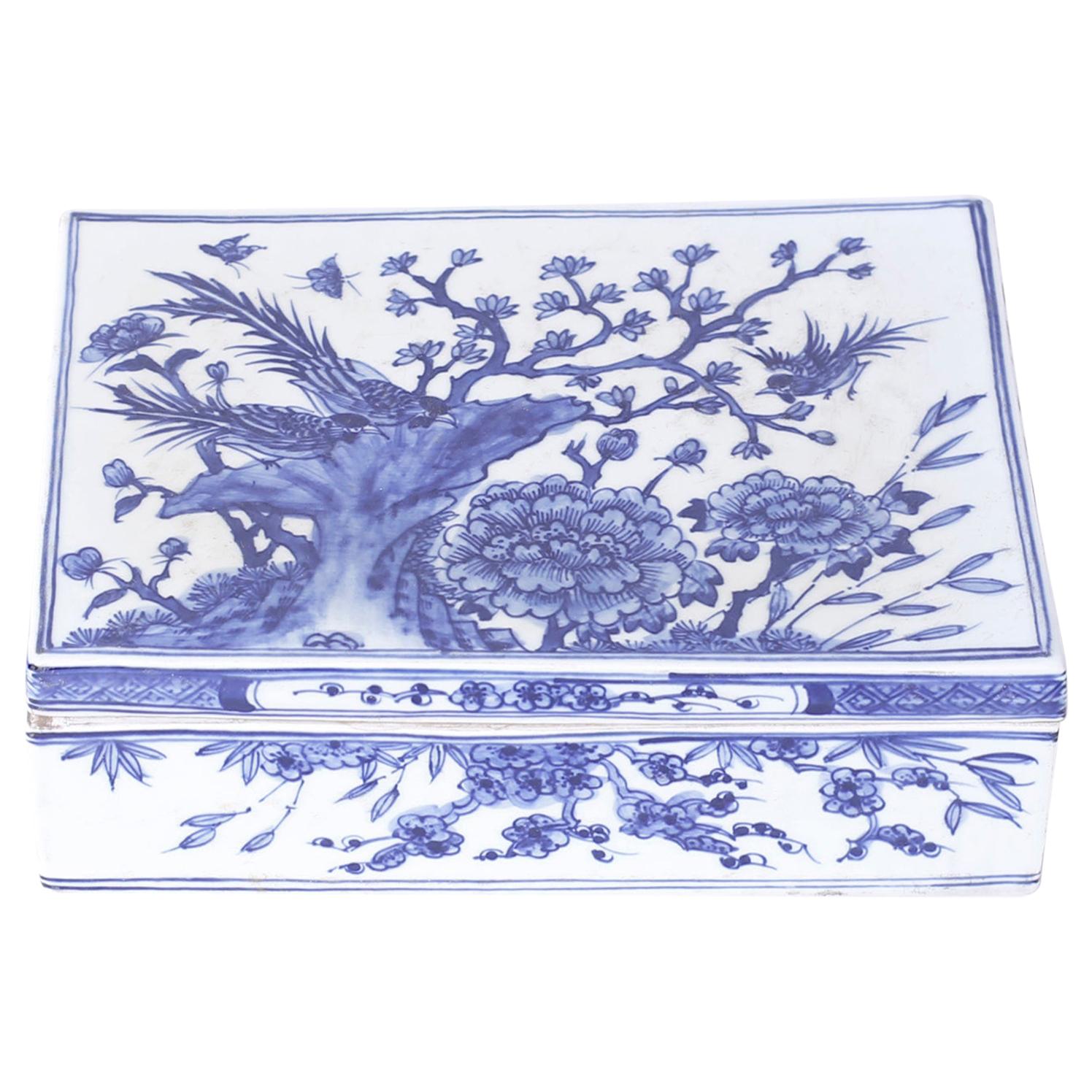 Blue and White Porcelain Box with Flowers at 1stDibs