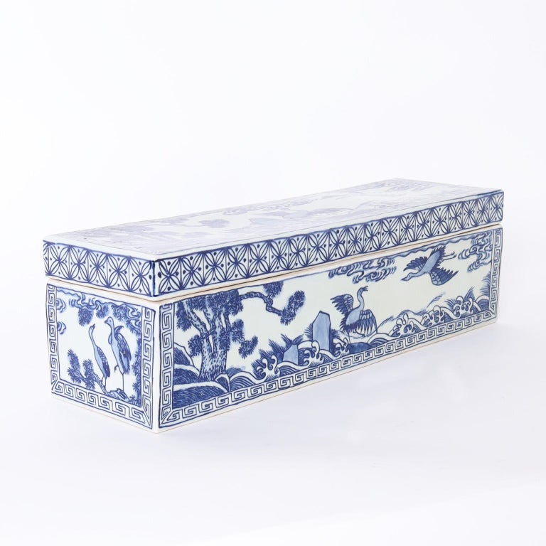 Blue and White Porcelain Rectangular Lidded Box For Sale at 1stDibs