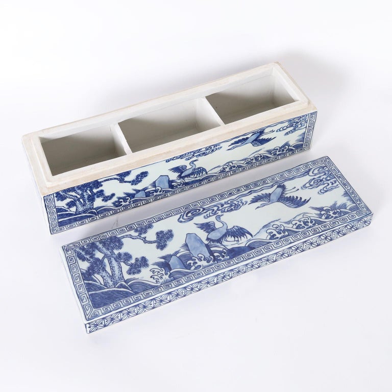 Blue and White Porcelain Rectangular Lidded Box For Sale at 1stDibs