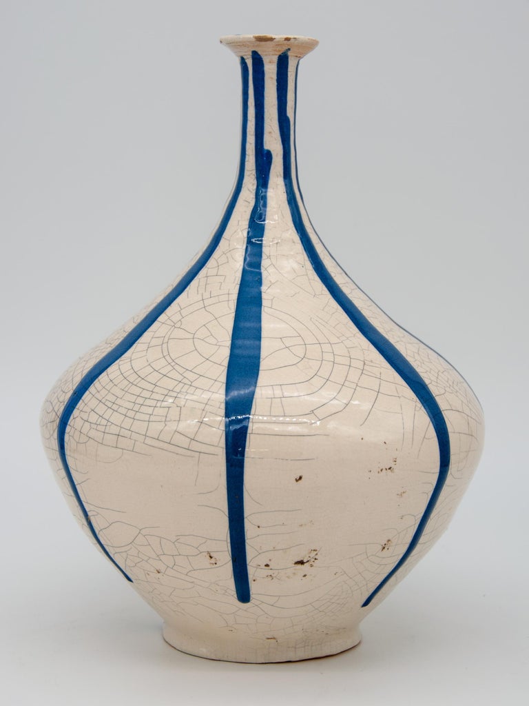 Blue and White Stripe Pottery Vase For Sale at 1stDibs