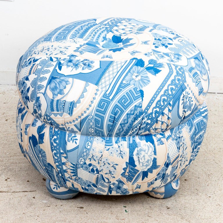 Blue and White Upholstered Ottoman For Sale at 1stDibs