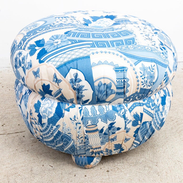 Blue and White Upholstered Ottoman For Sale at 1stDibs