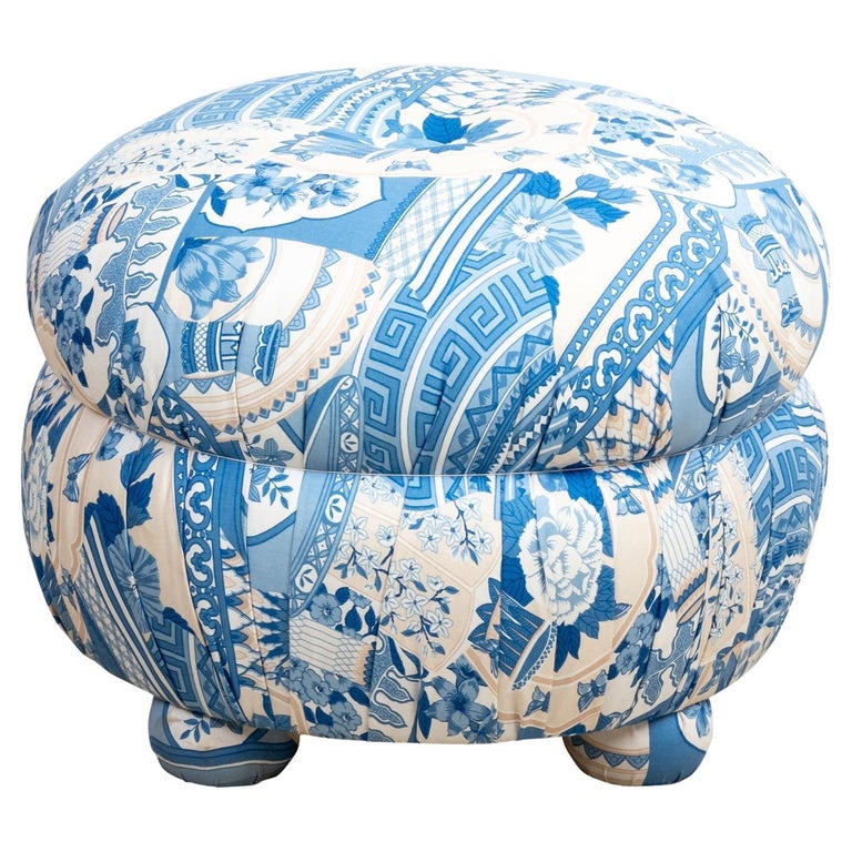 Blue and White Upholstered Ottoman For Sale at 1stDibs