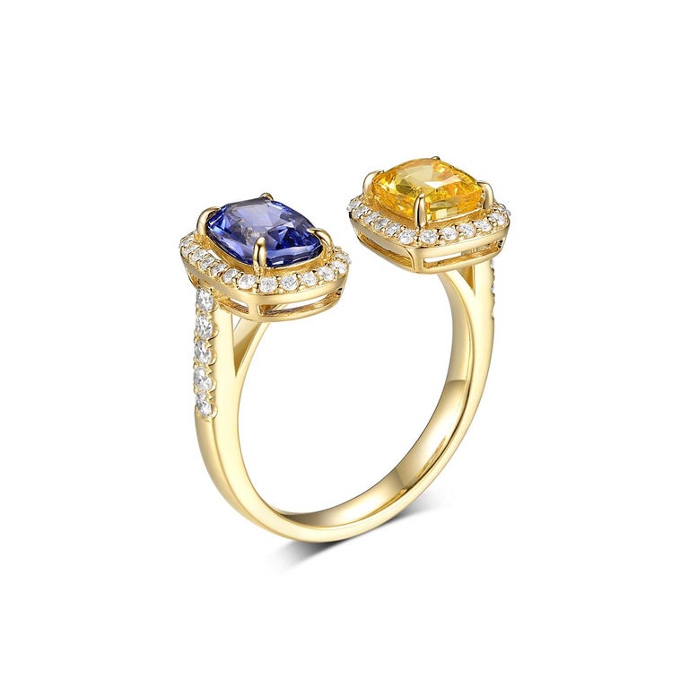 Blue and Yellow Sapphire Toi et Moi Ring in 18 Karat Yellow Gold For ...