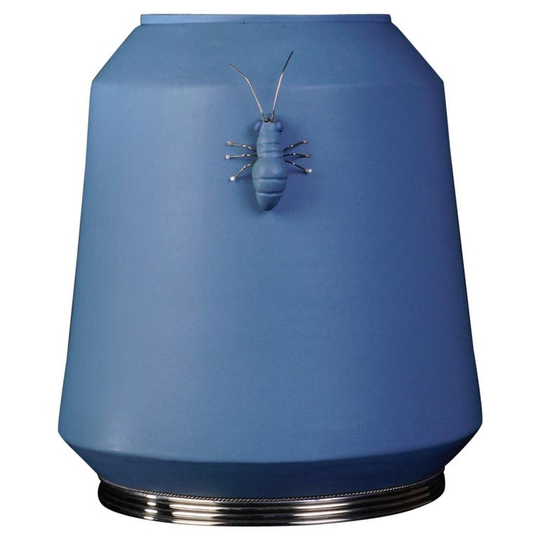 blue Ant Jar by Estudio Guerrero, Glazed Ceramic and White Metal at 1stDibs