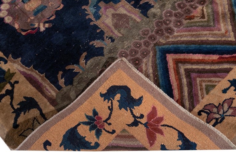 Blue Antique Art Deco Chinese Handmade Wool Rug For Sale at 1stDibs