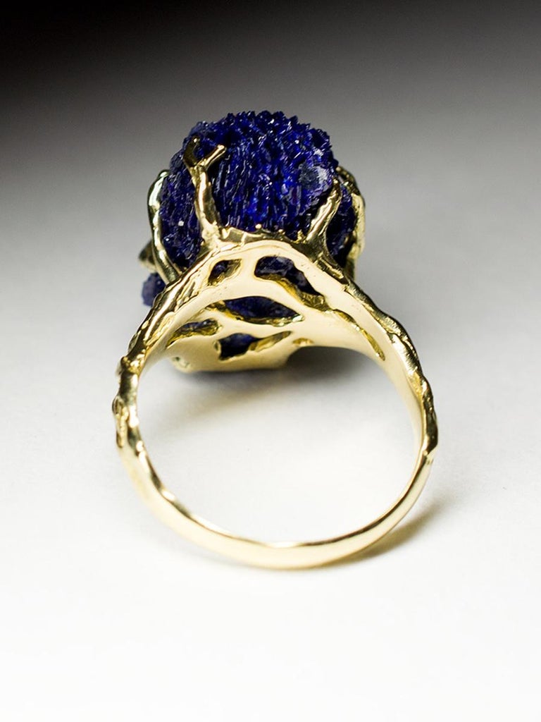 Blue Azurite Crystal Flower Yellow Gold Ring Statement Ring For Sale at ...