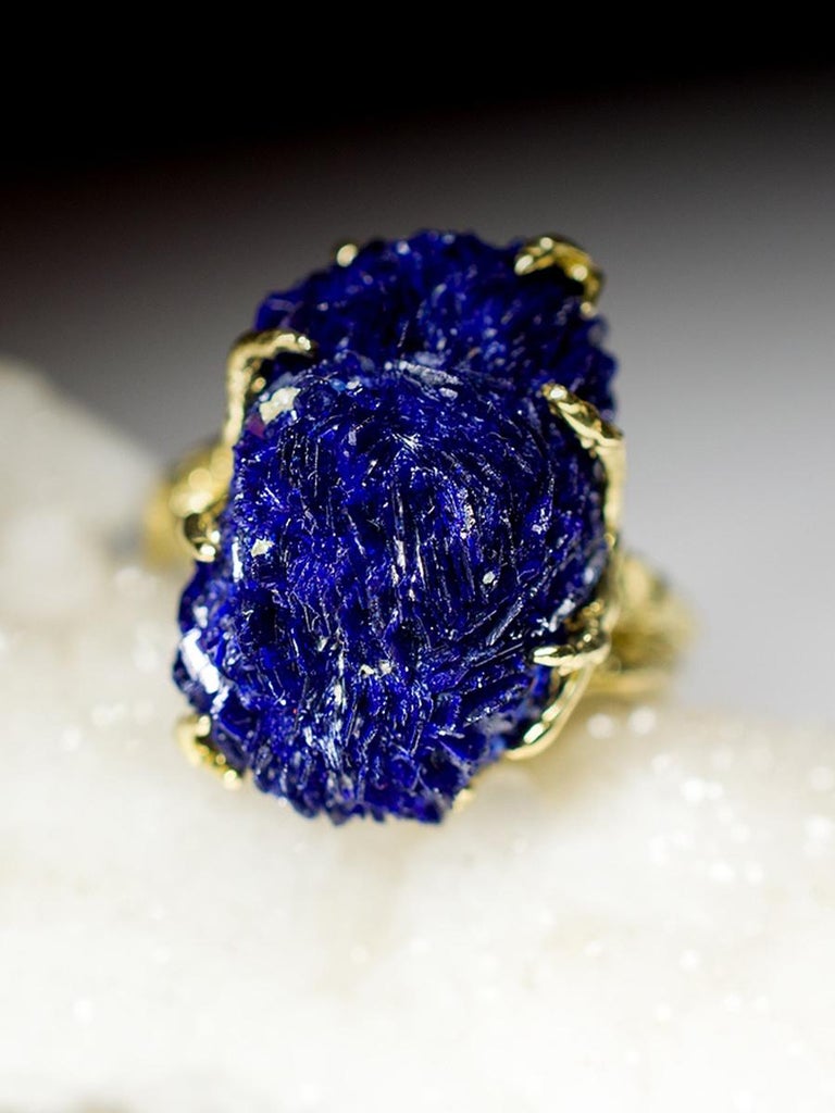 Blue Azurite Crystal Flower Yellow Gold Ring Statement Ring For Sale at ...