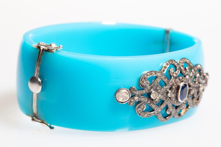 Blue Bakelite Cuff Bracelet with Diamonds and Sapphires at 1stDibs