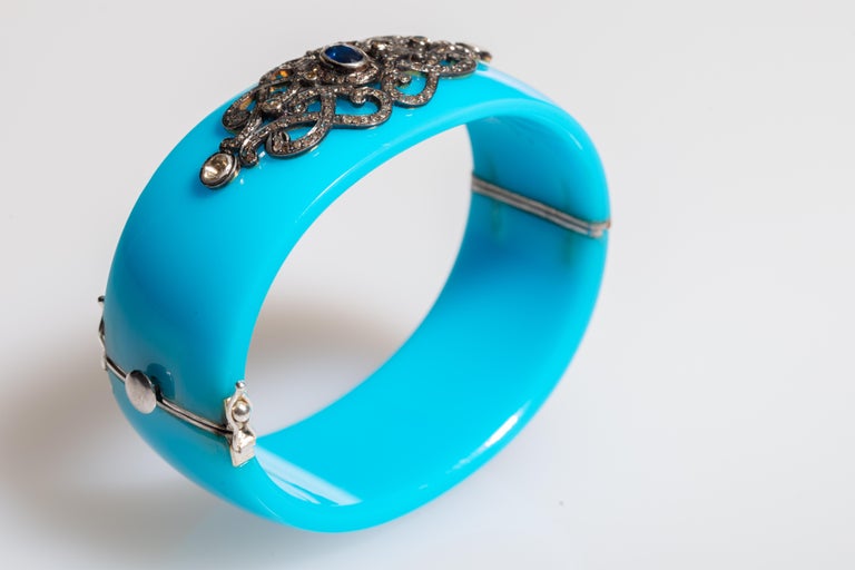 Blue Bakelite Cuff Bracelet with Diamonds and Sapphires at 1stDibs
