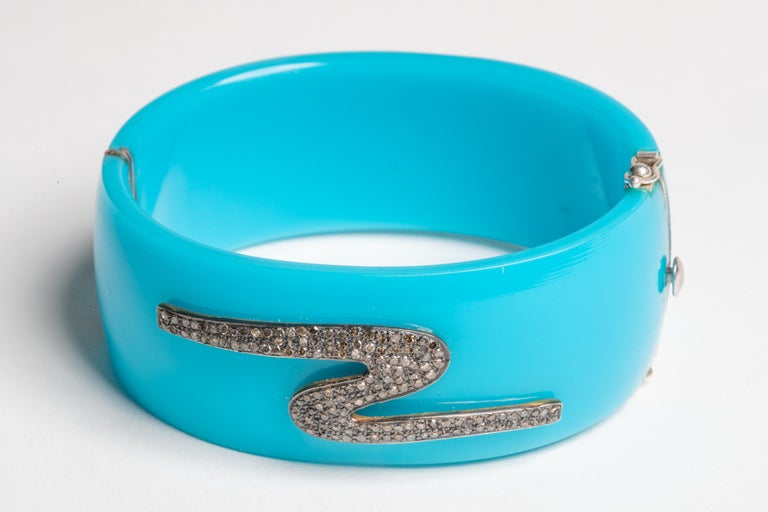Blue Bakelite Cuff Bracelet with Diamonds For Sale at 1stDibs