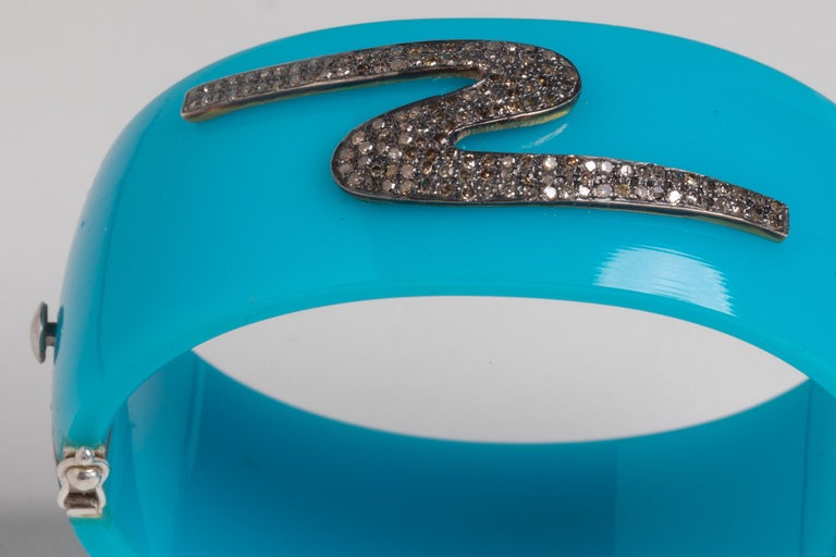 Blue Bakelite Cuff Bracelet with Diamonds For Sale at 1stDibs