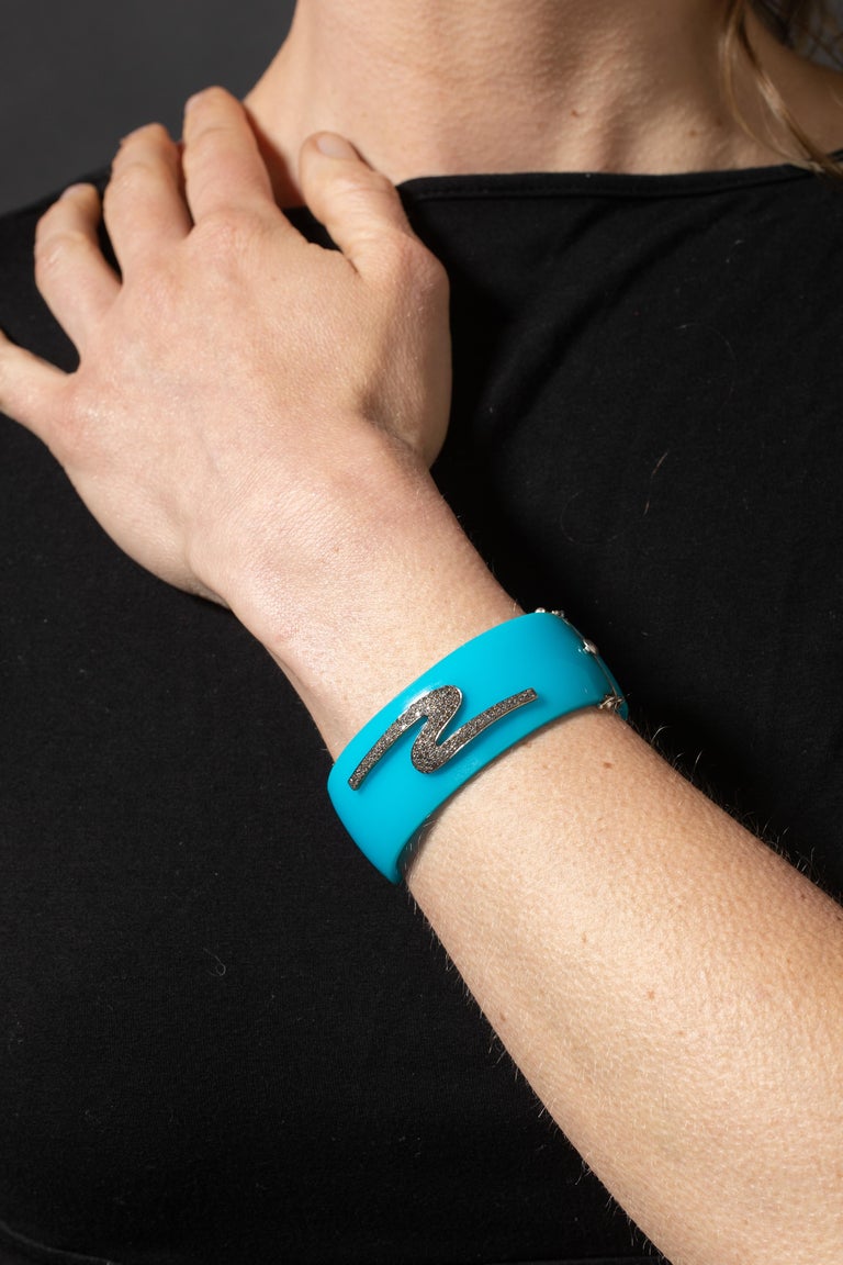 Blue Bakelite Cuff Bracelet with Diamonds For Sale at 1stDibs