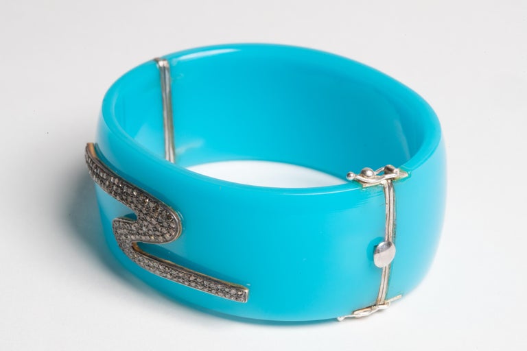 Blue Bakelite Cuff Bracelet with Diamonds For Sale at 1stDibs