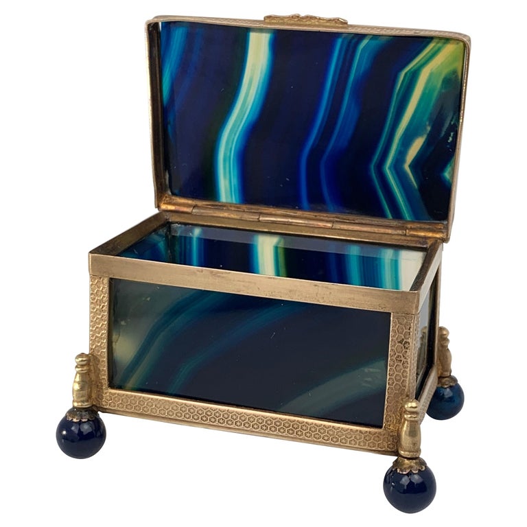 Hinged Blue Banded Agate Box with Ball Feet in a Gilt Frame at 1stDibs