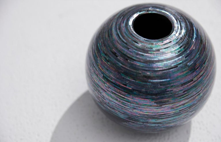 Blue Black Mother-of-Pearl Wooden Object Vase 02 For Sale at 1stDibs