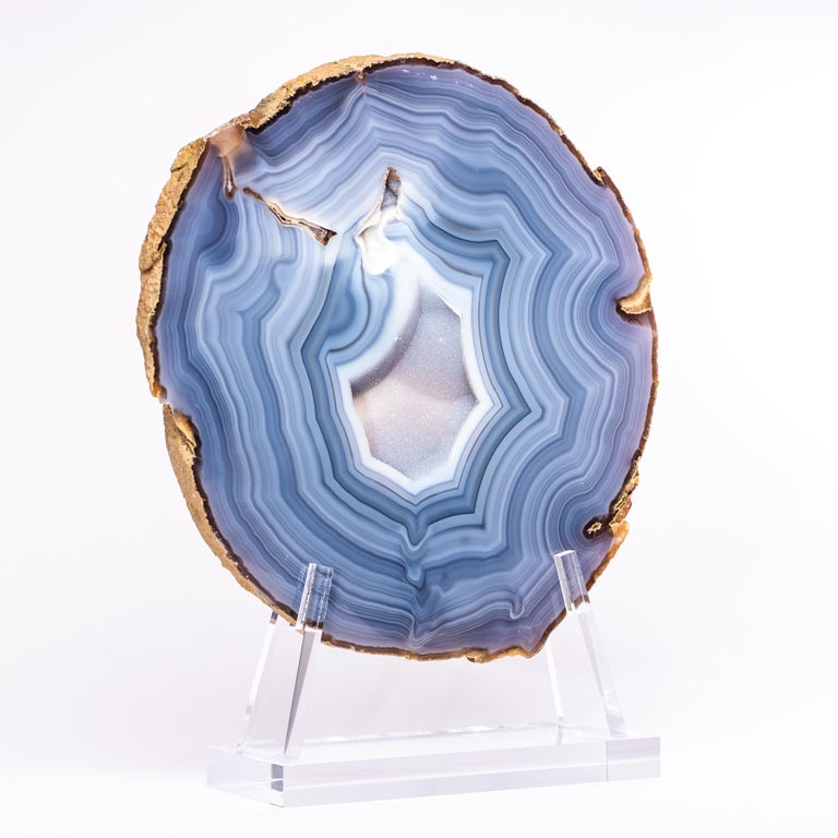 Blue Brazilian Circular Agate Slab with Crystals on a Custom Acrylic ...