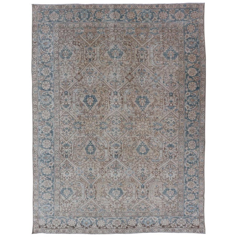 Blue, Brown and Tan Persian Antique Tabriz Rug with All-Over Geometric ...