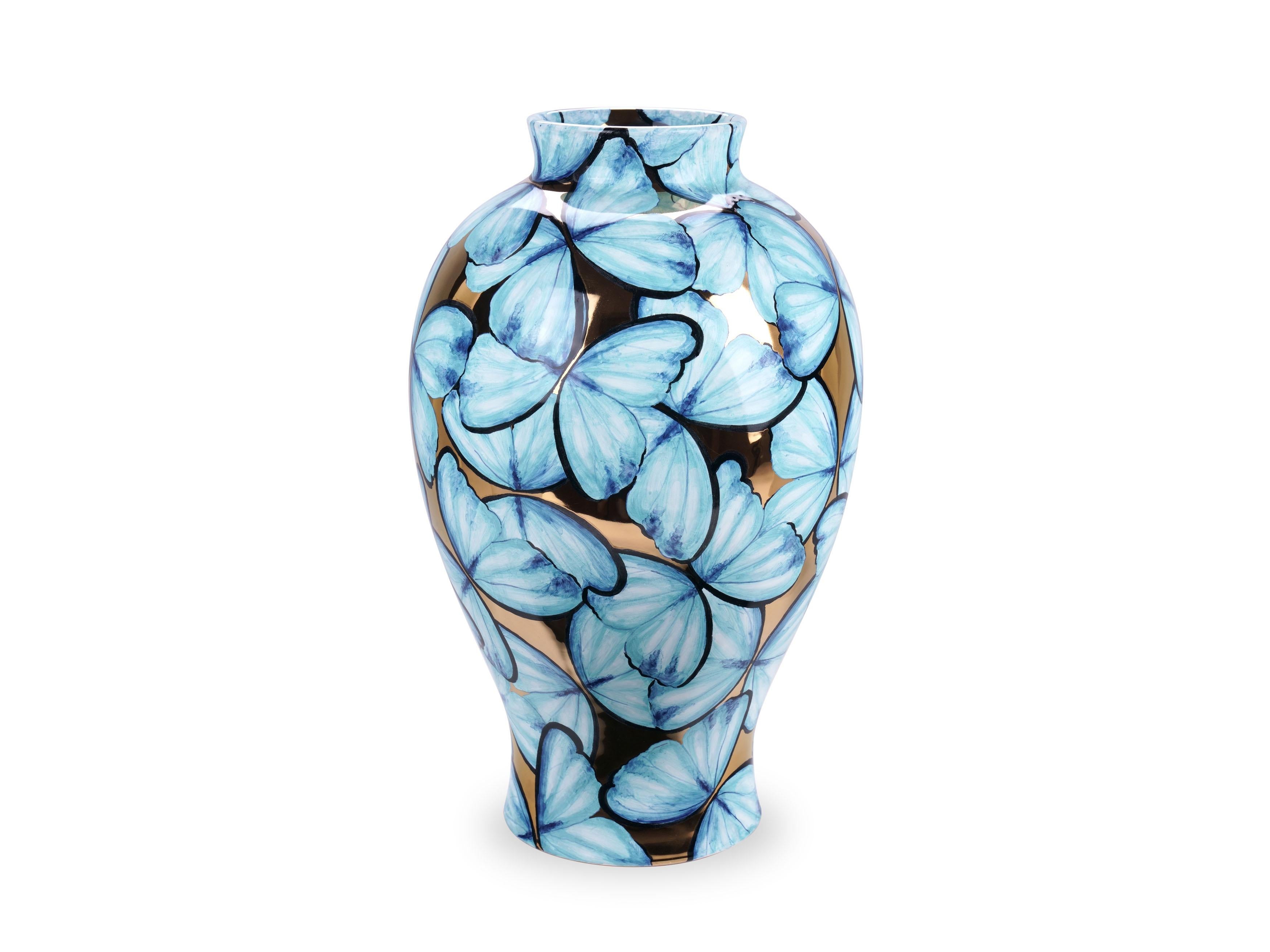 Blue Ceramic Vase Butterflies 24 Kt Gold Luster Hand Painted Decorative ...