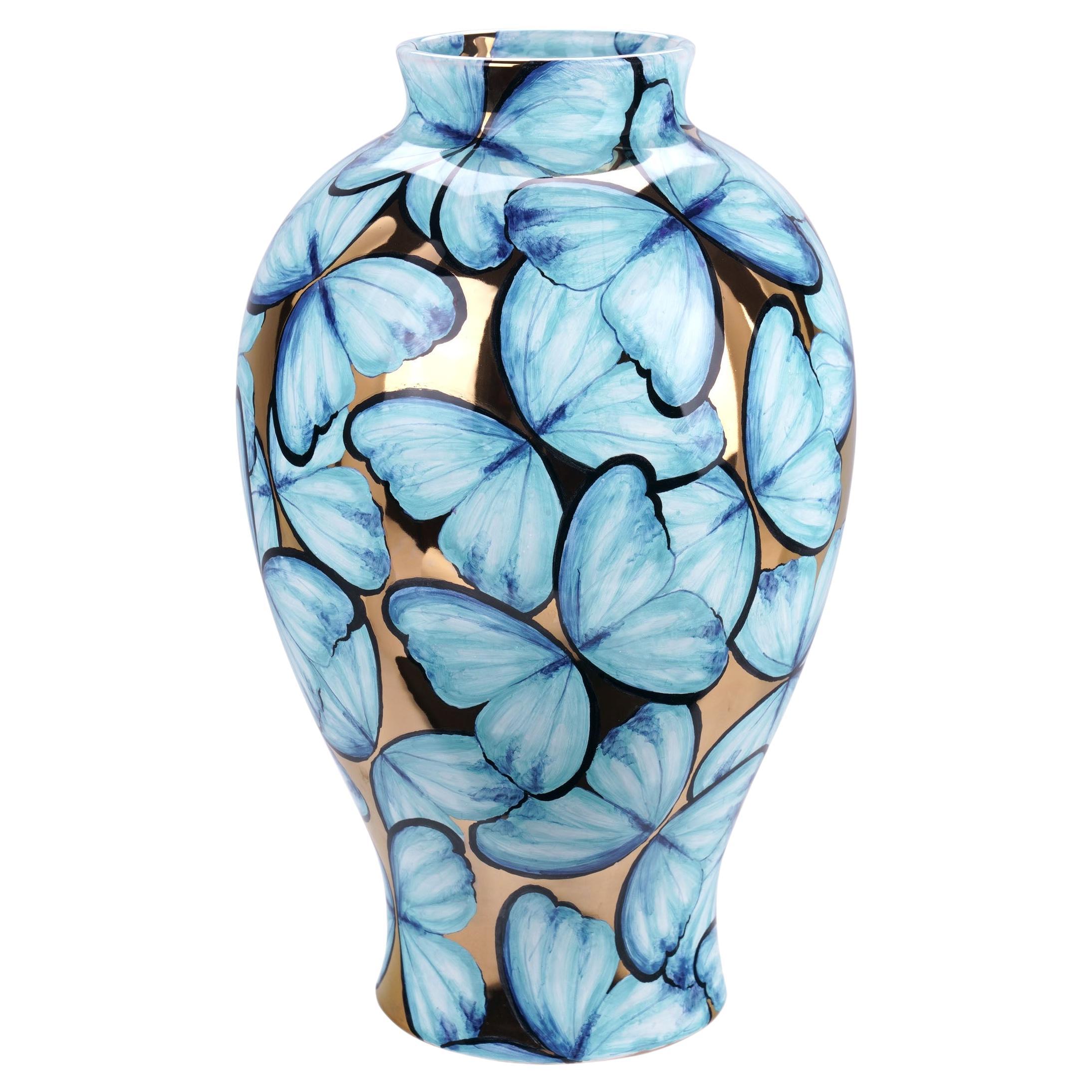 Blue Ceramic Vase Butterflies 24 Kt Gold Luster Hand Painted Decorative ...