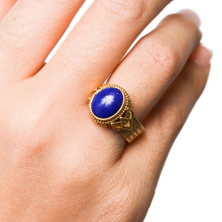 Blue Cabochon Oval Shape Gemstone 22 Karat Yellow Gold Ring For Sale at ...
