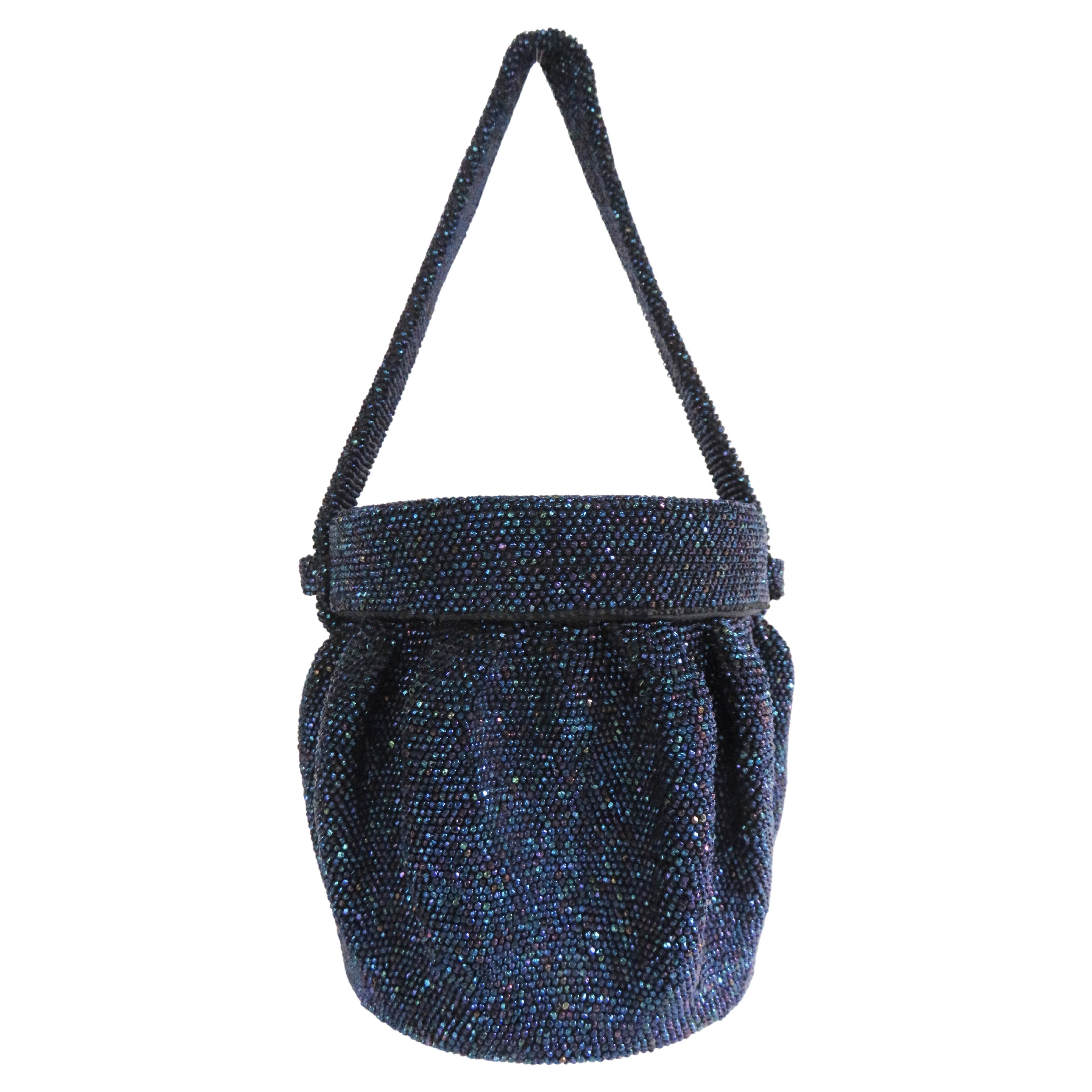 Blue Carnival Glass 1940s Beaded Box Handbag For Sale at 1stDibs