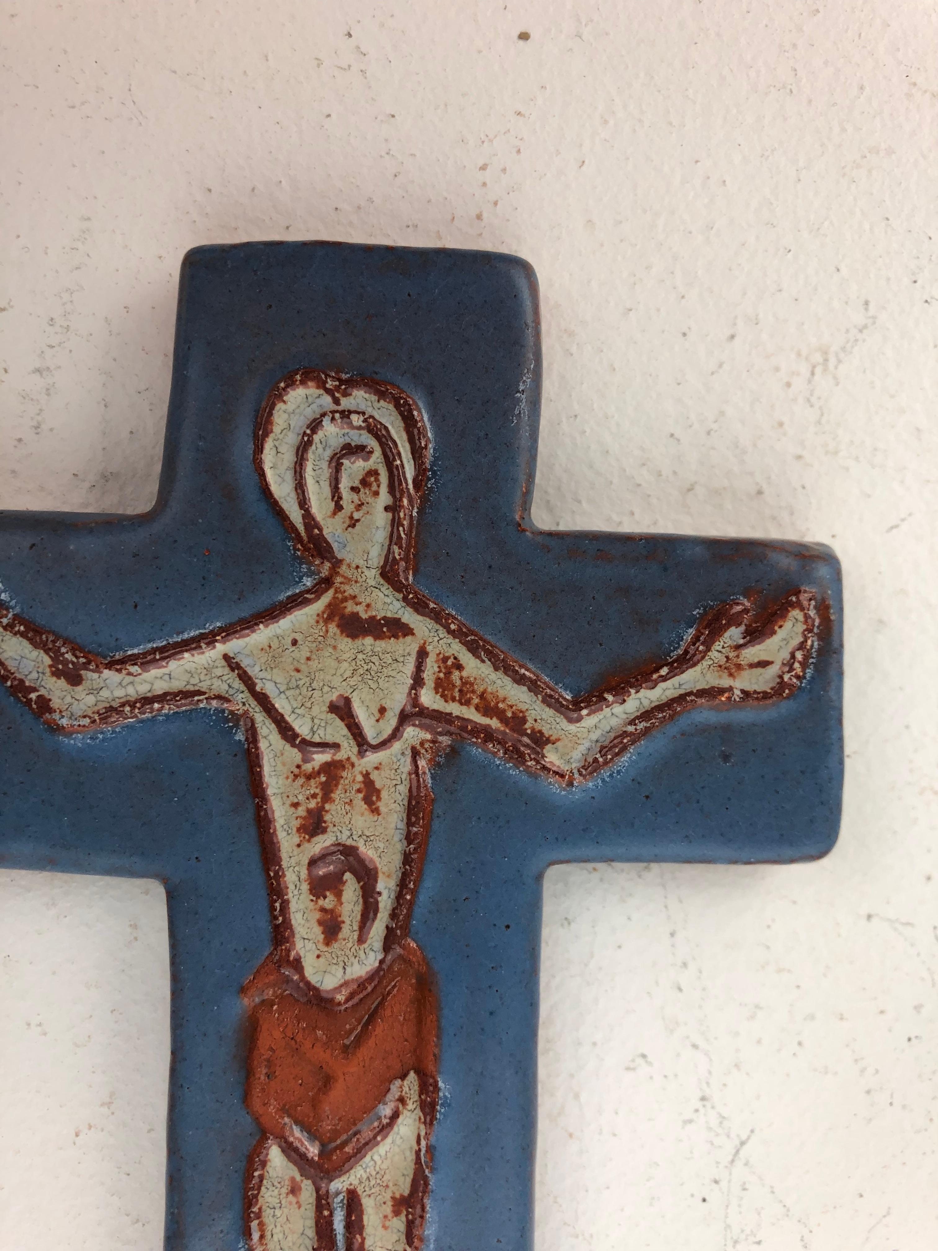 Blue Ceramic Cross with Abstract Line-Drawn Christ For Sale at 1stDibs