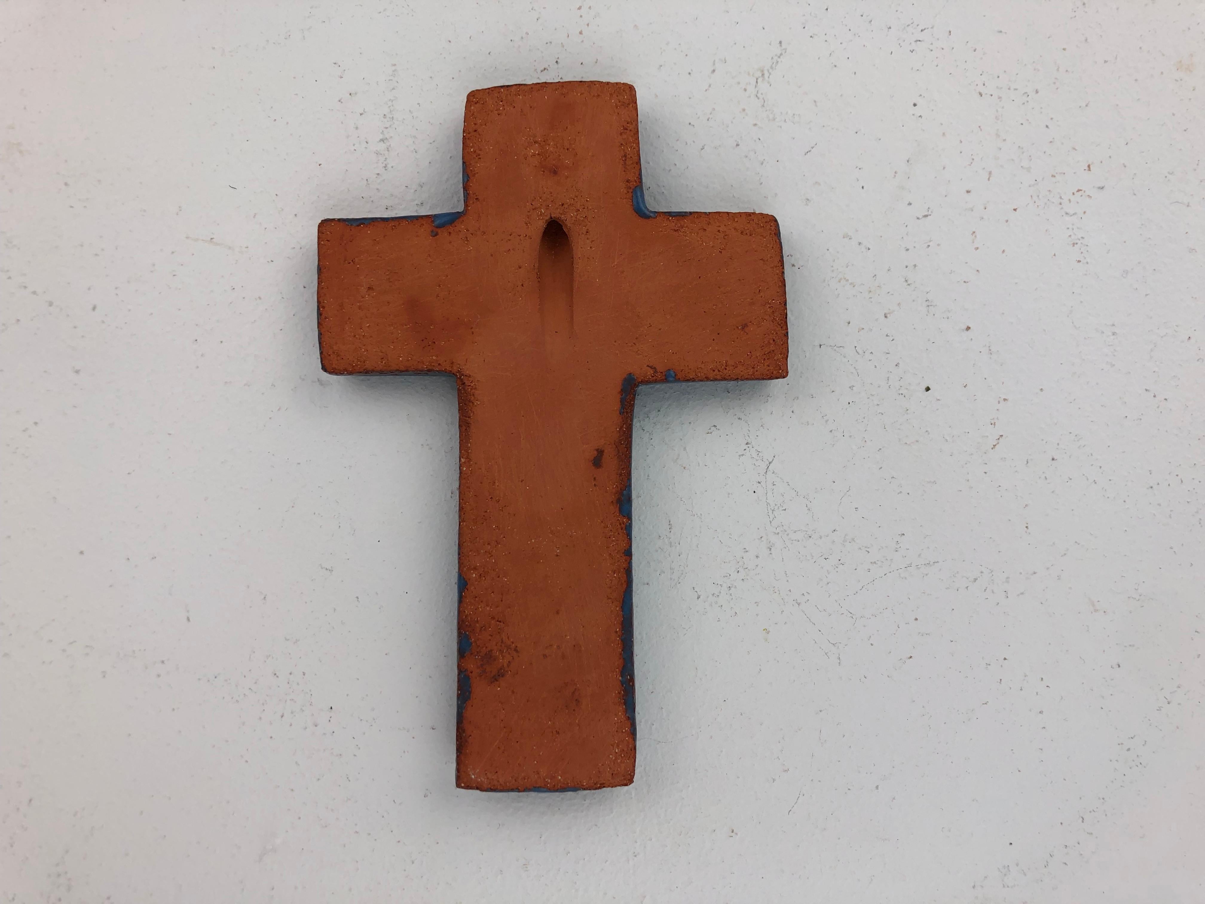 Blue Ceramic Cross with Abstract Line-Drawn Christ For Sale at 1stDibs