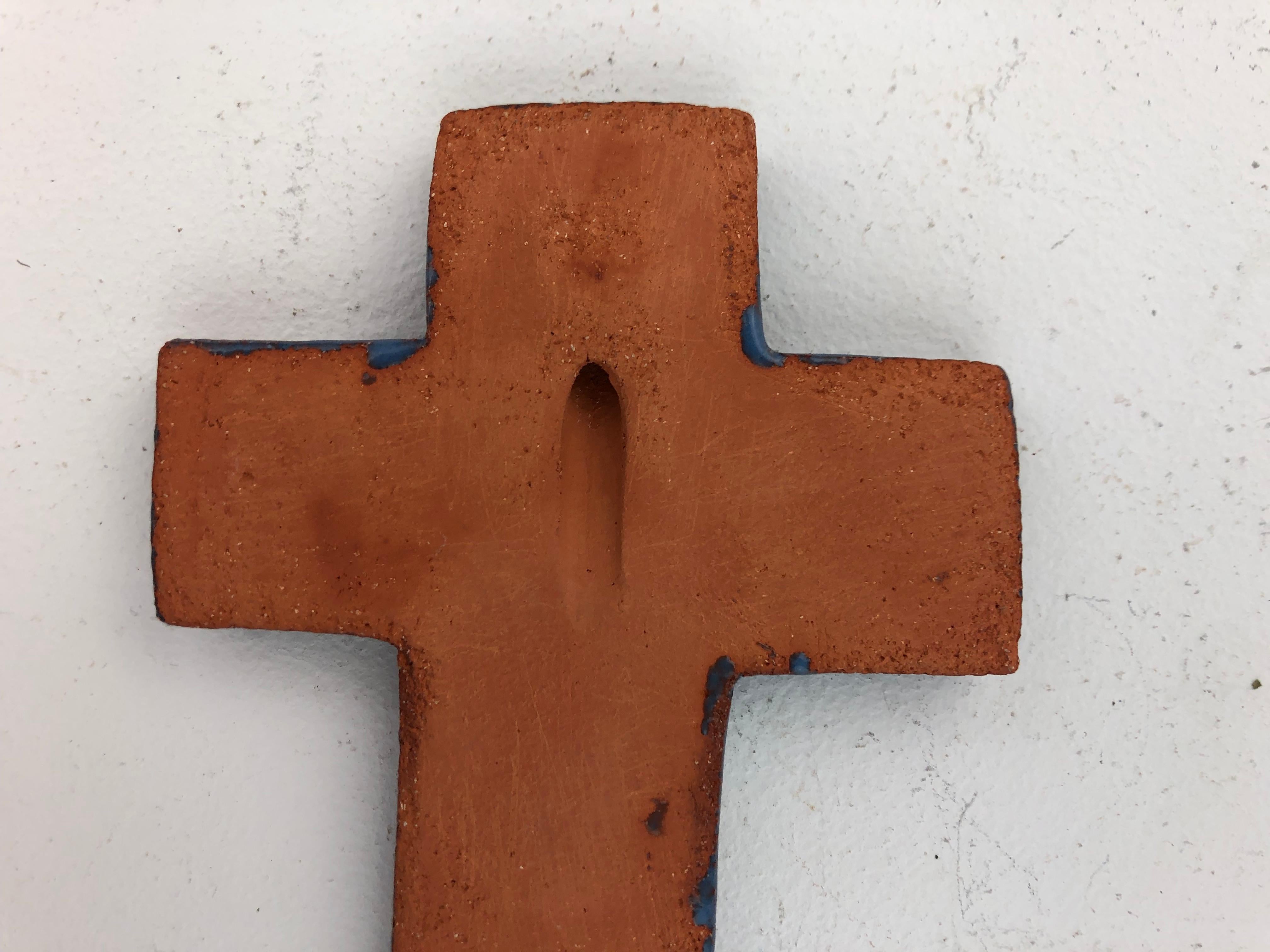 Blue Ceramic Cross with Abstract Line-Drawn Christ For Sale at 1stDibs