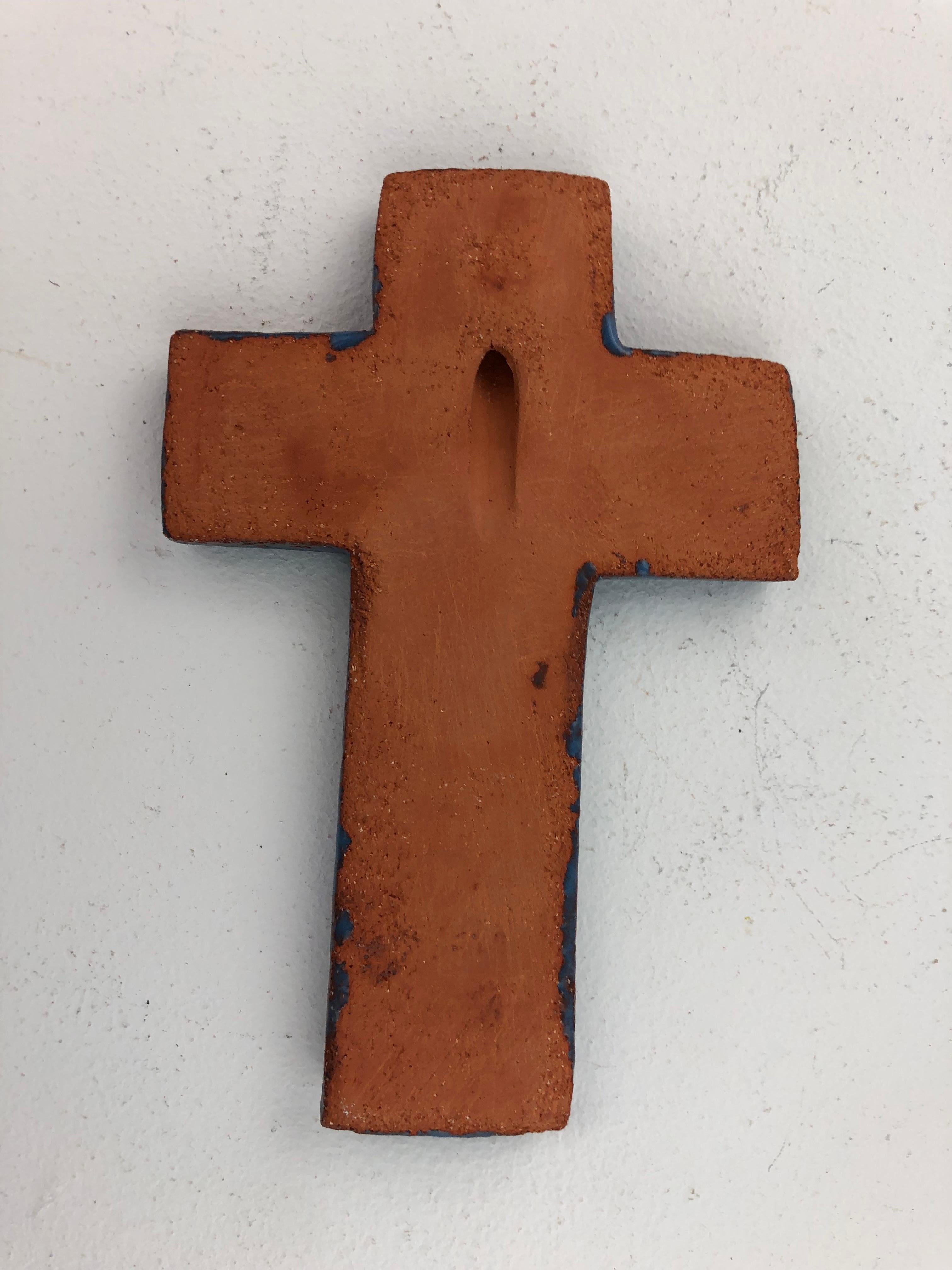 Blue Ceramic Cross with Abstract Line-Drawn Christ For Sale at 1stDibs